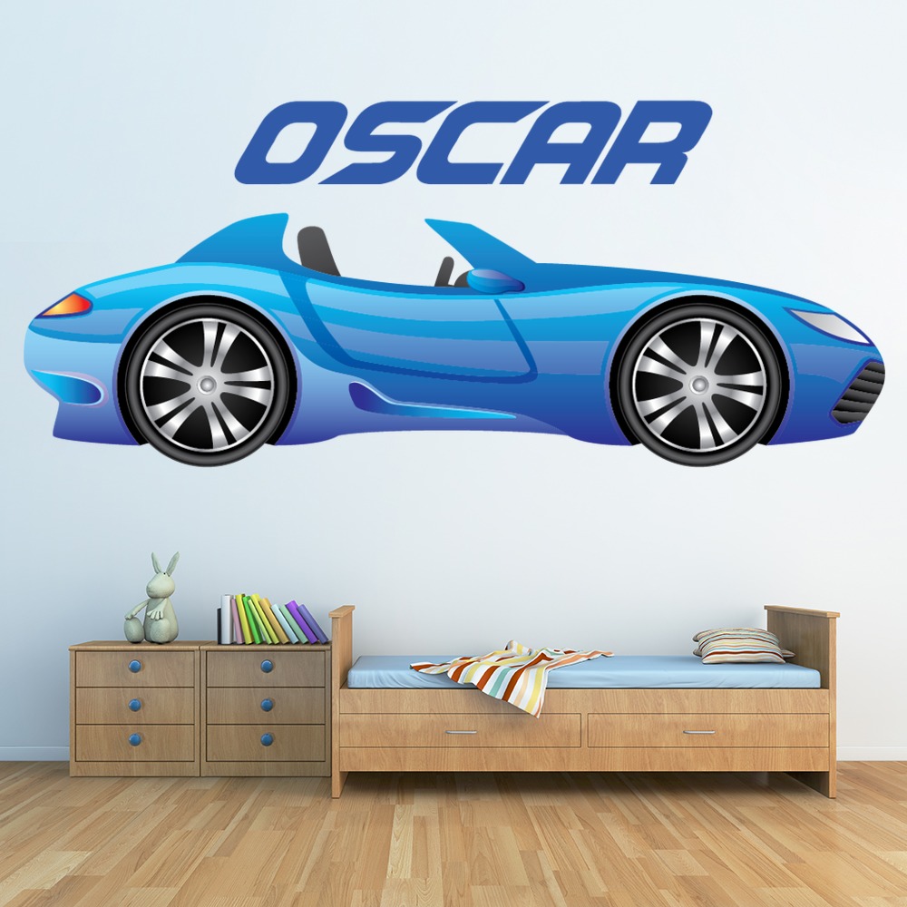 Custom Name Blue Race Car Wall Decal Sticker Personalised Kids Room WS ...